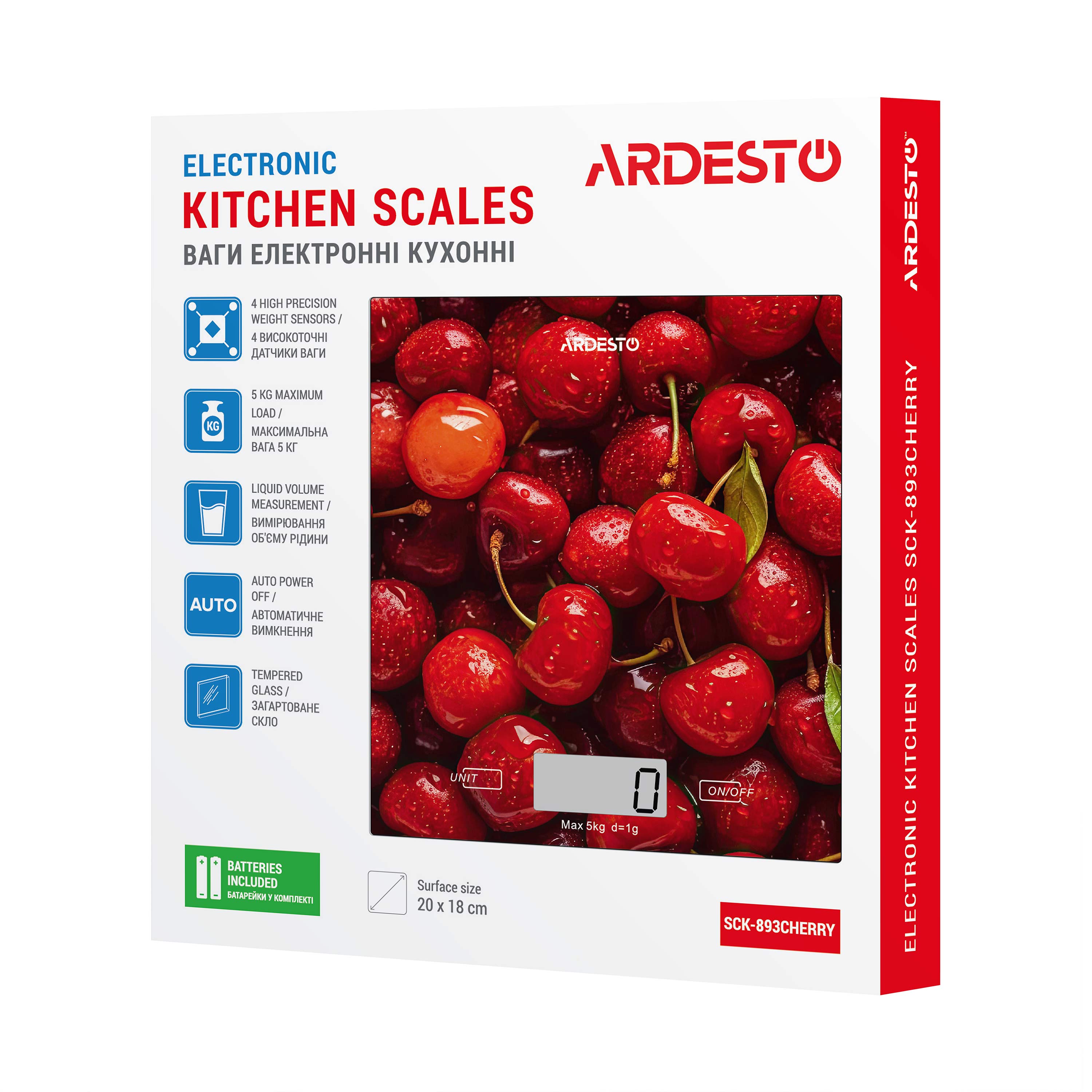 Ardesto scales for kitchen CHERRY, 5кг, AAAx2 included, glass, colorful ...